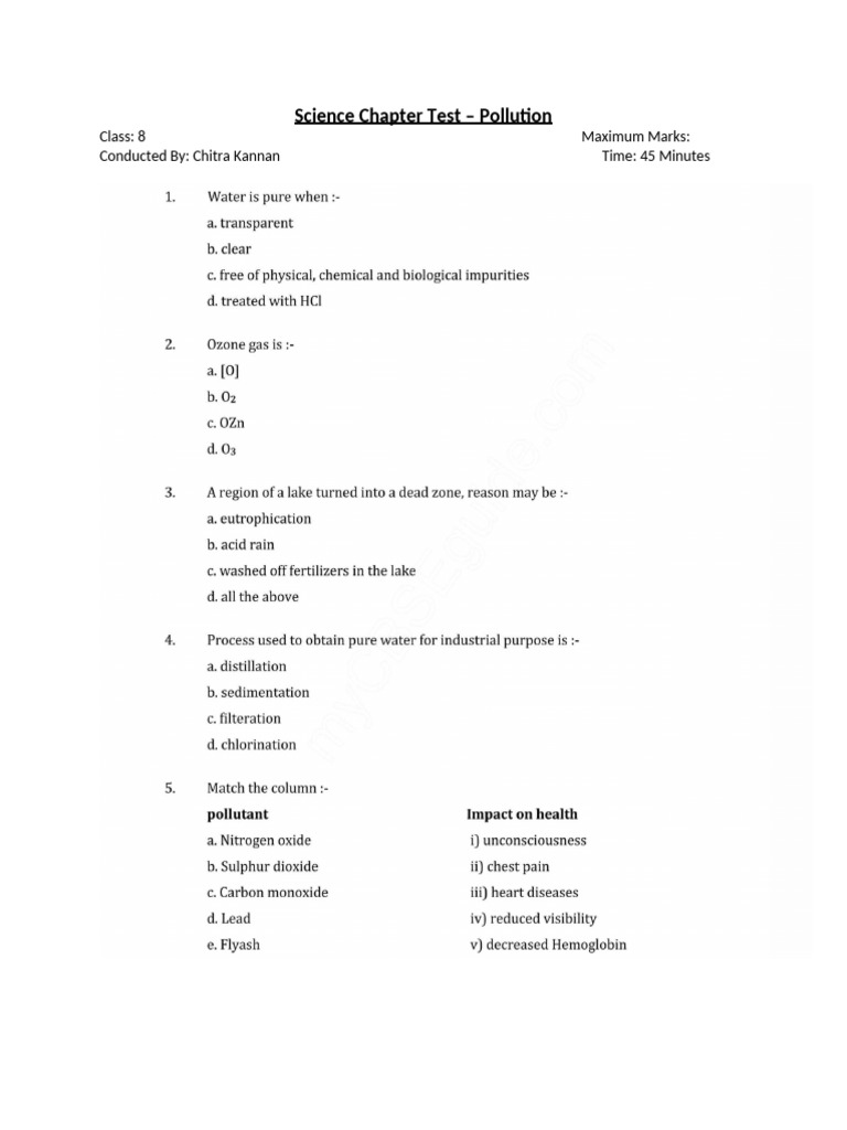 8th Grade Science Test on Pollution | PDF