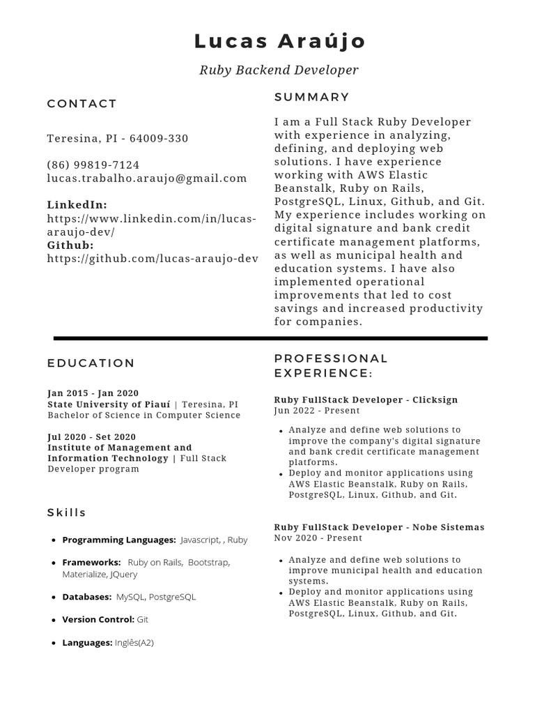 Resume Lucas Araujo310323 | PDF | Ruby On Rails | Ruby (Programming Language)