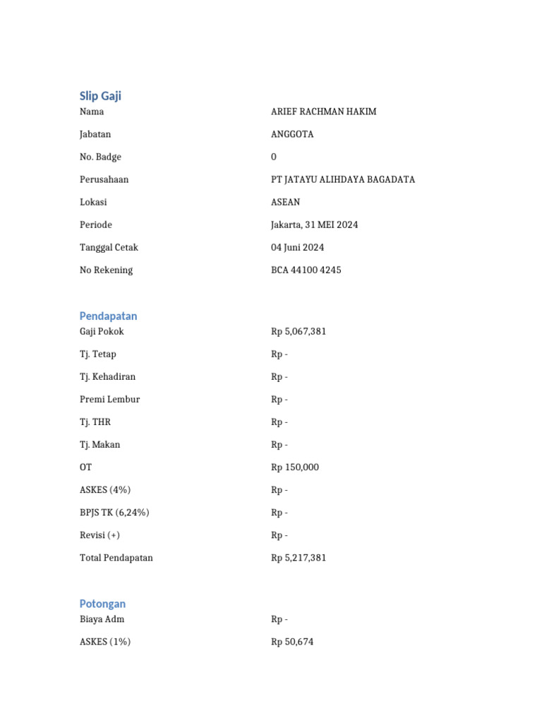 Slip Gaji Arief Rachman Hakim | PDF
