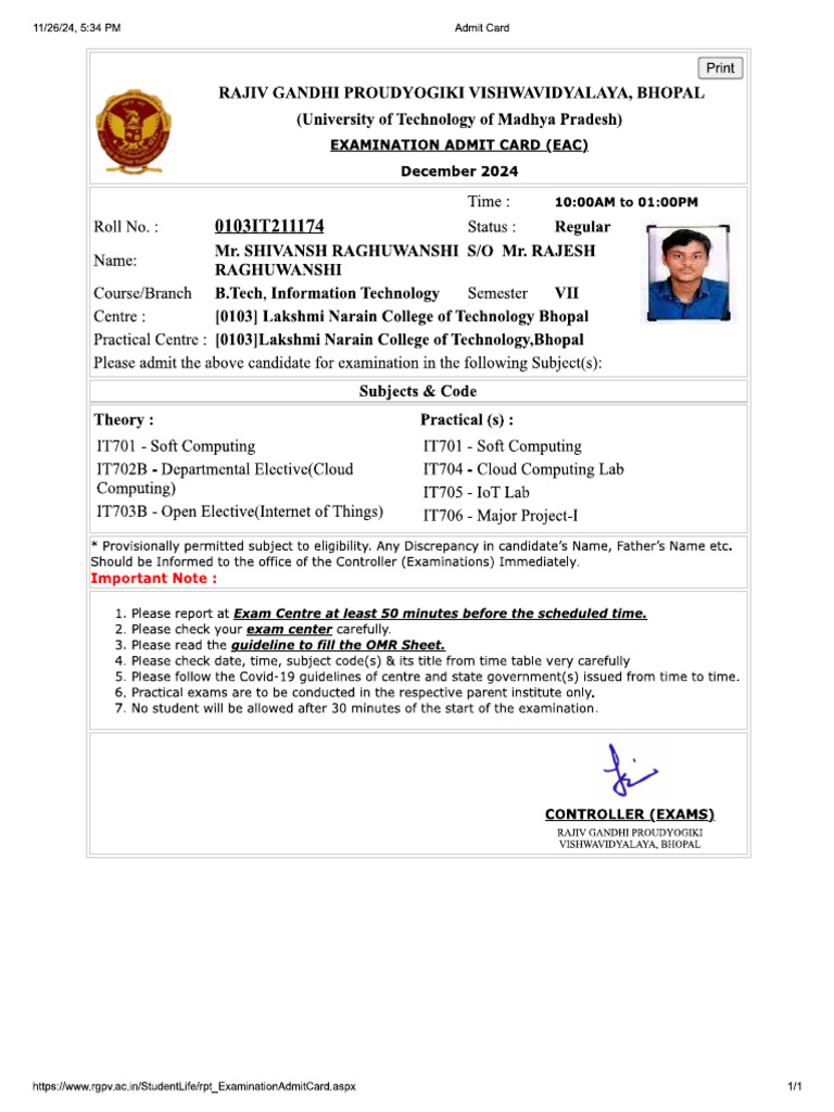 Admitcard 7 Thsem | PDF