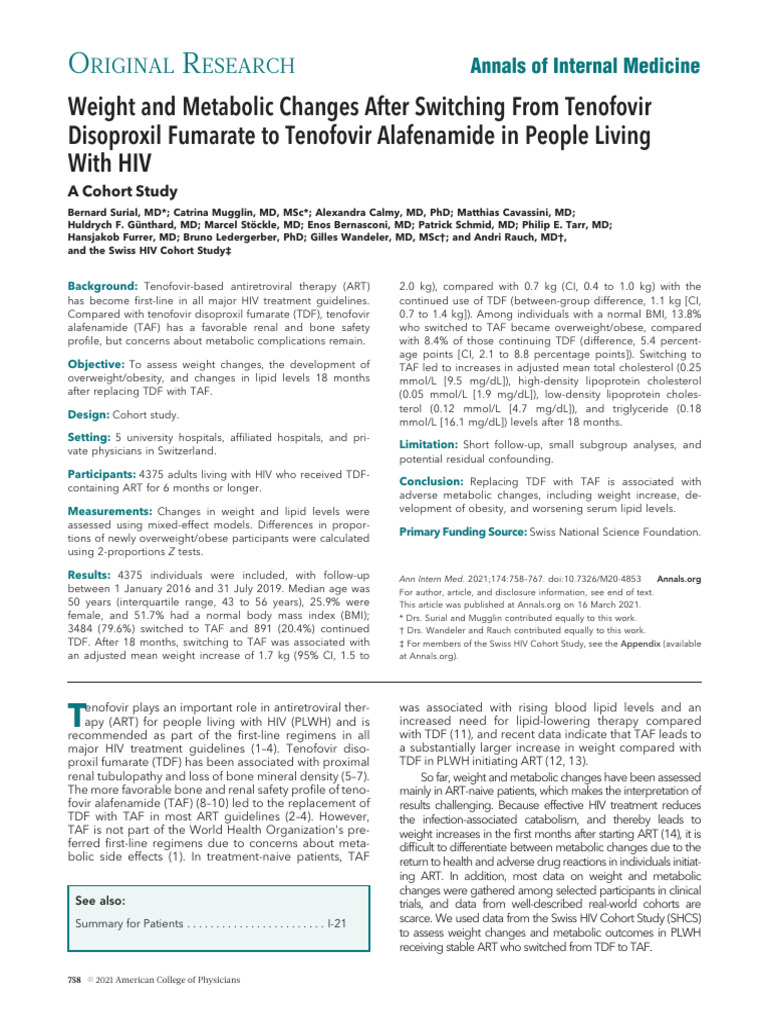 Weight and Metabolic Changes After Switching From TDF To TAf | PDF | Body Mass Index | Cholesterol