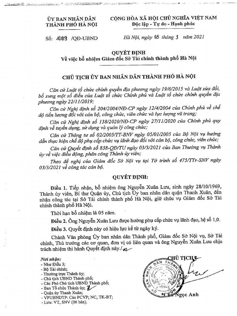 Quyet Dinh 1089 QD Ubnd Bo Nhiem Giam Doc So Tai Chinh Ha Noi | PDF