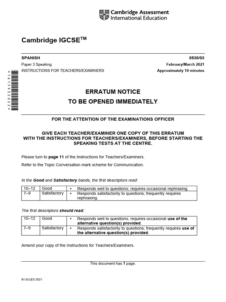 Cambridge IGCSE: Erratum Notice To Be Opened Immediately | PDF