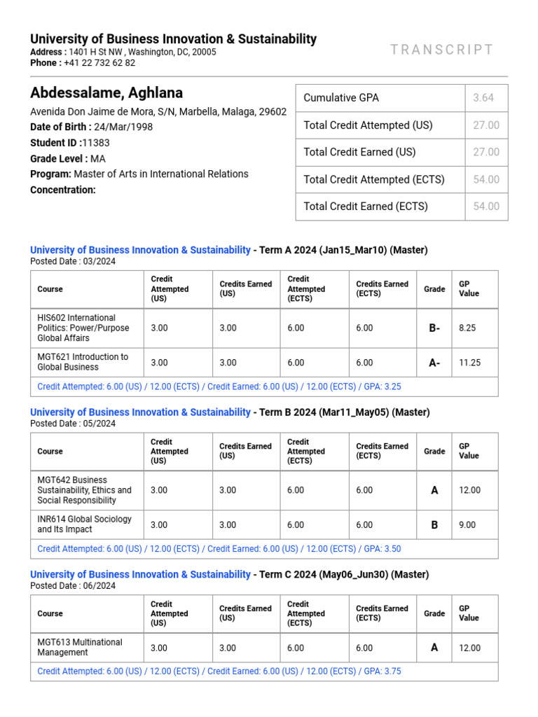 Aghlana Abdessalame (Grades Transcript) | PDF | Student Assessment And Evaluation | Educational ...