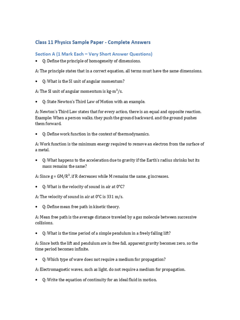 Class 11 Physics Sample Paper Answers | PDF | Waves | Momentum