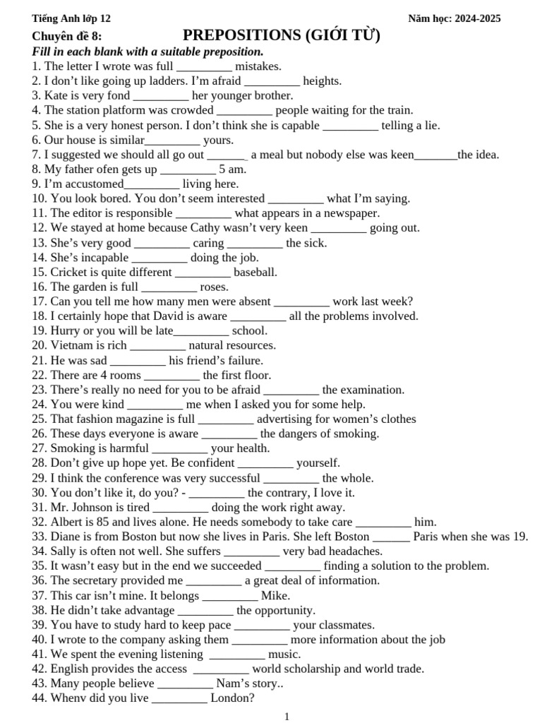 Chuyen de 8 - Prepositions (Gi I T ) | PDF