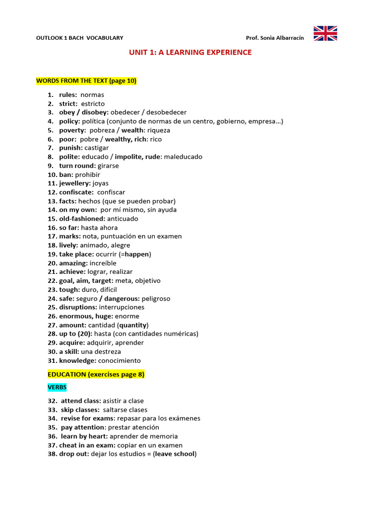 Vocabulary Unit 1 School and Education | PDF