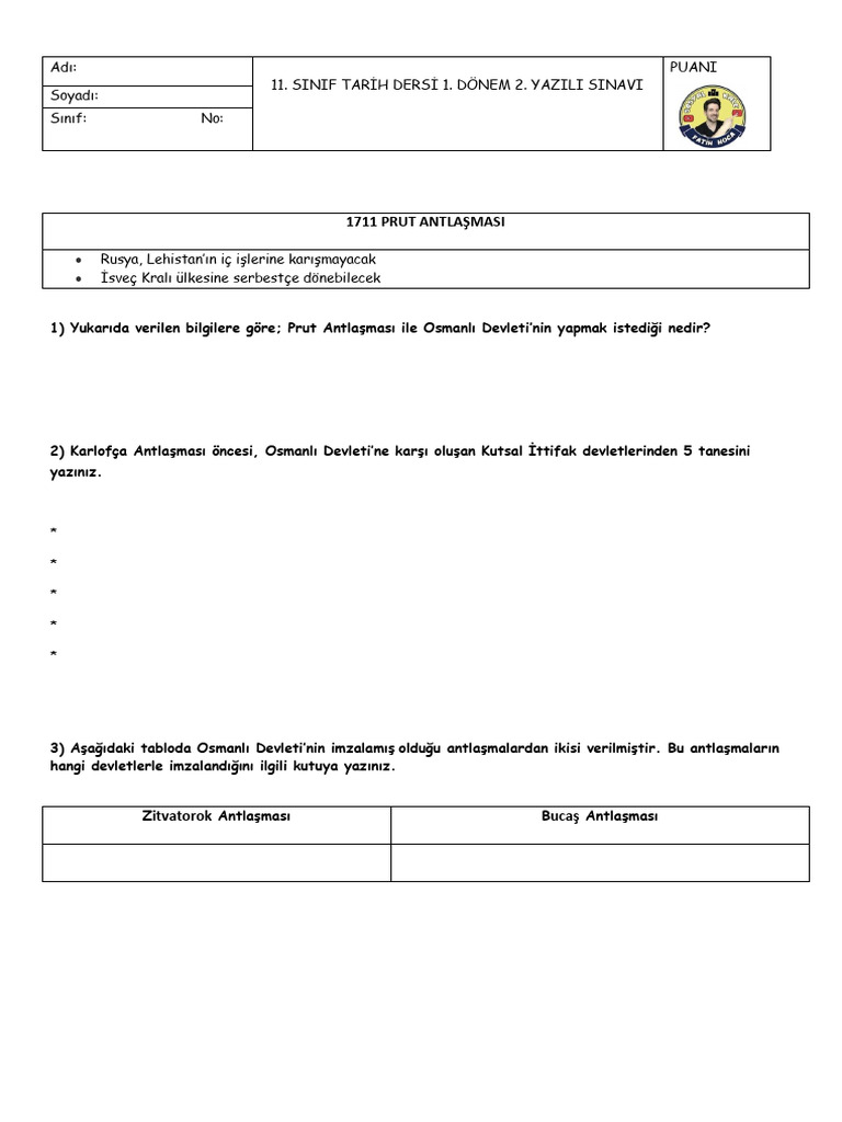 Sinif Tari̇h 1. Dönem 2. Yazili | PDF
