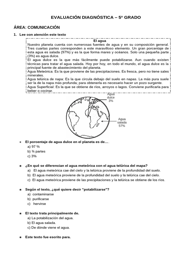 Evaluación Diagnóstica 5° Grado Comunicación | PDF | Agua | Esqueleto