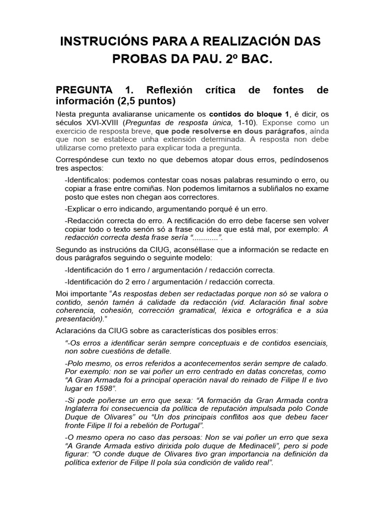 Instruccións para a realización das PAU | PDF