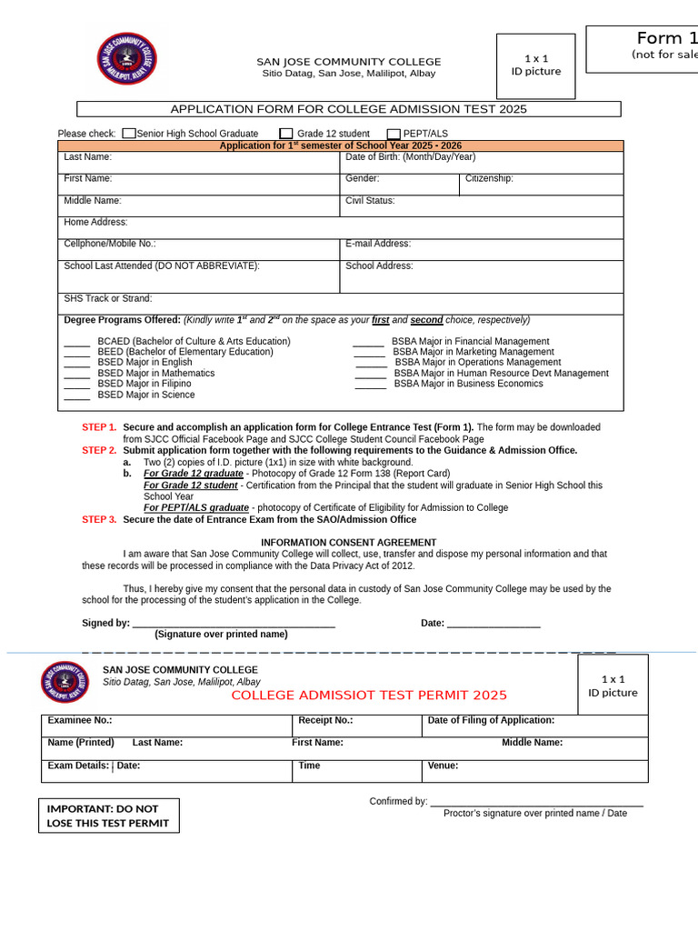 SJCC College Admission Test Application 2025 | PDF | University And ...