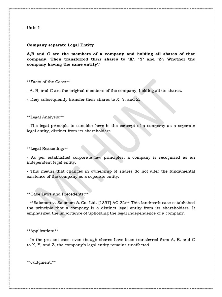 Company Law Important Problems and Answers by MR - Hunt | PDF ...