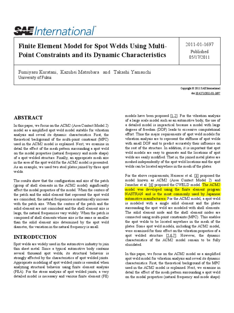 Finite Element Model For Spot Welds Using Multi-Point Constraints and Its Dynamic ...