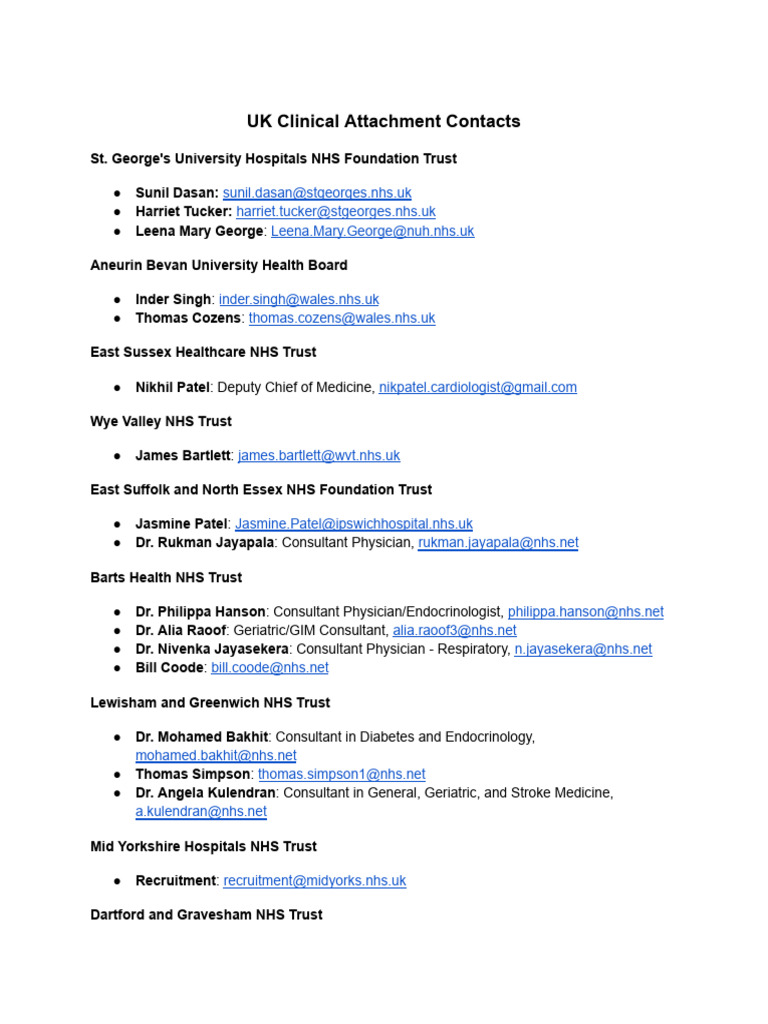 UK Clinical Attachment Contacts List | PDF | Social Programs | Medicine
