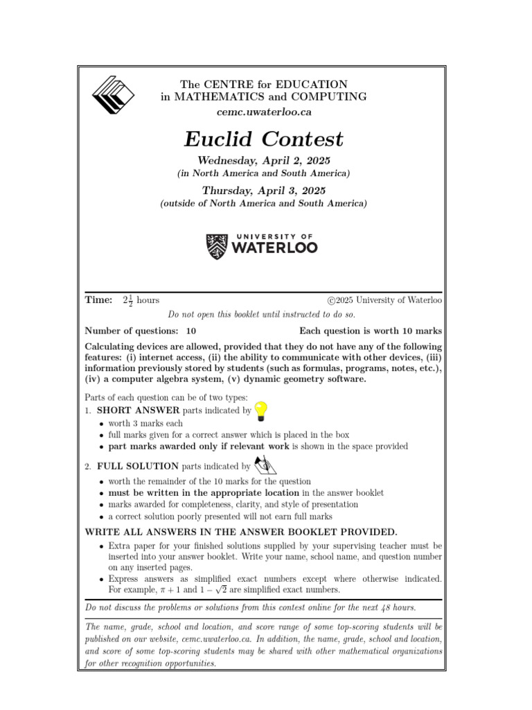 2025 - Euclid (E) 2025-4-2 105530 2 | PDF | Mathematics | Mathematical Concepts