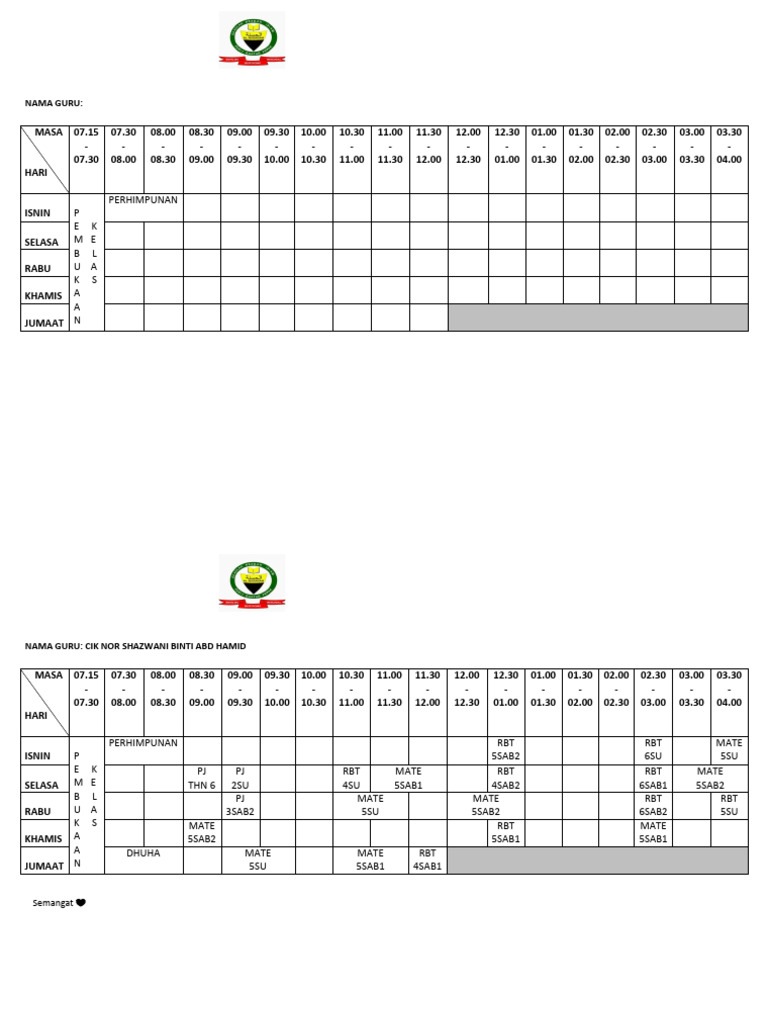 Jadual Waktu Peribadi SRI Al-Hasanah | PDF