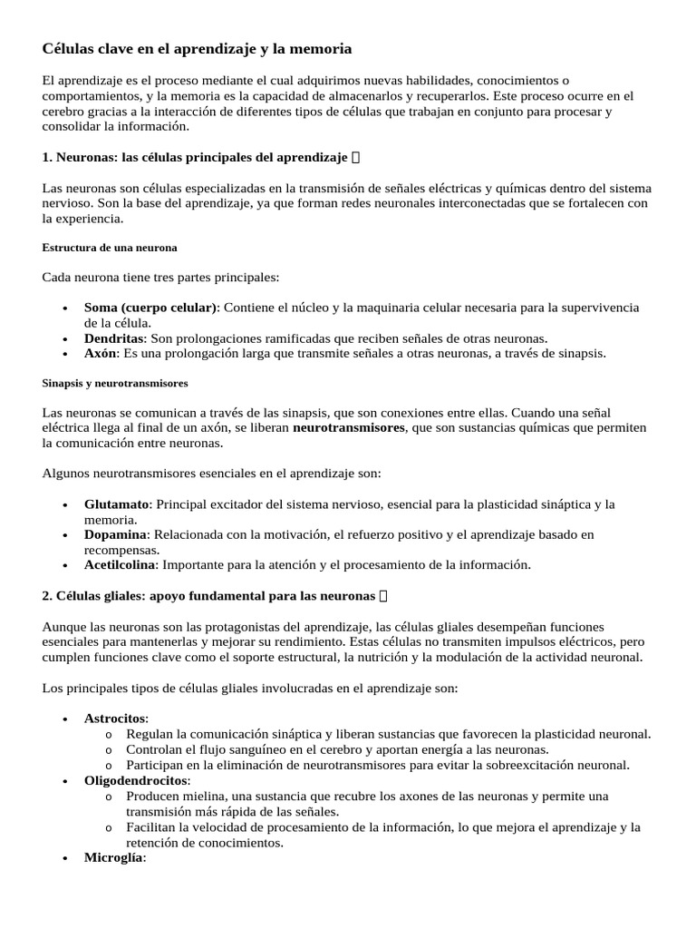 Células Clave en El Aprendizaje y La Memoria | PDF | Neurona | Sinapsis