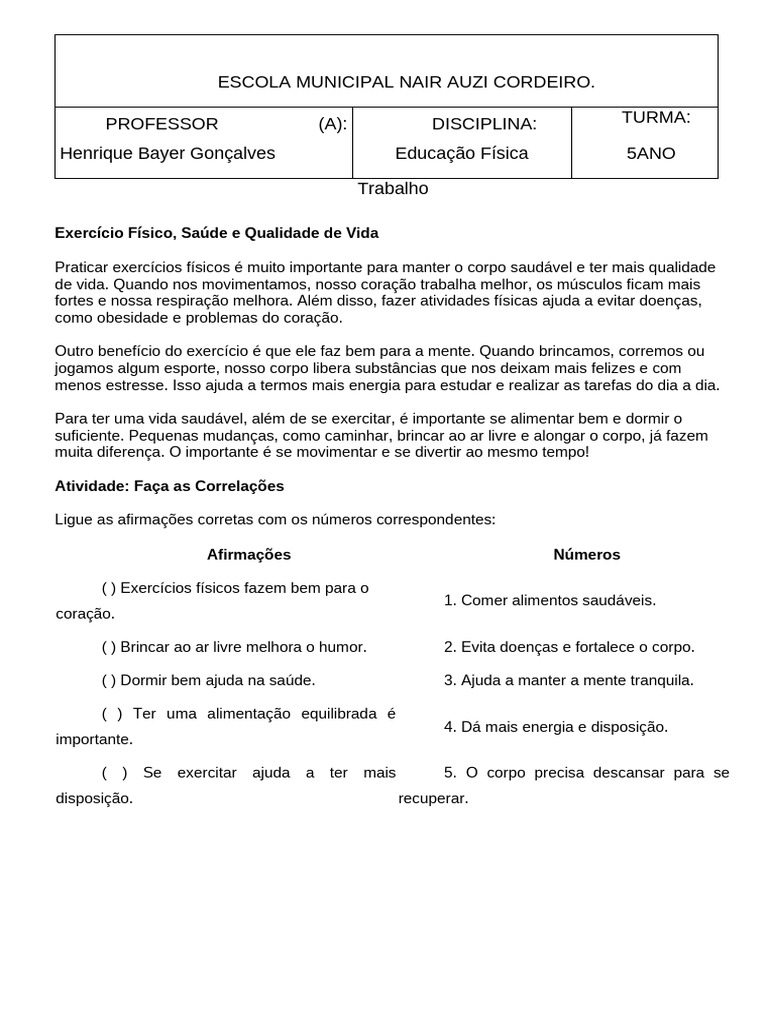 Exercício Físico e Saúde no 5º Ano | PDF