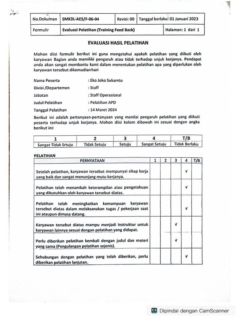 daftar hadir dan evaluasi pelatihan APD | PDF