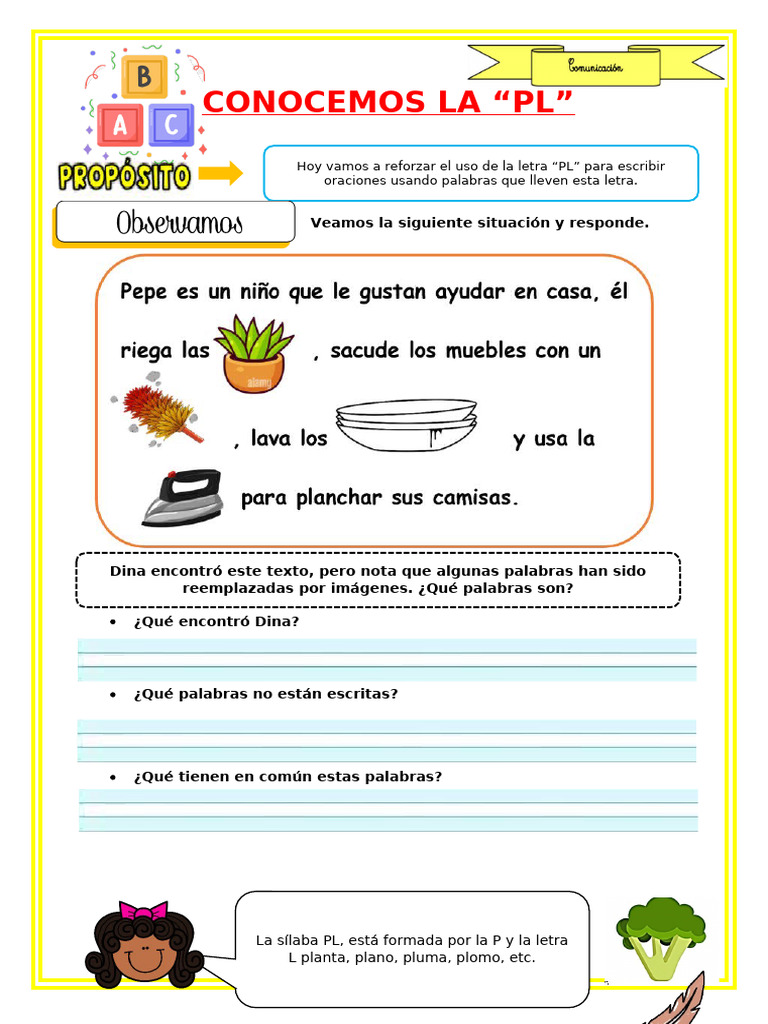 Actividades con la sílaba PL para niños | PDF