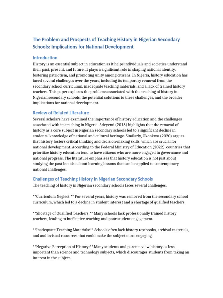 Teaching History Nigeria Detailed | PDF | Curriculum | Teachers