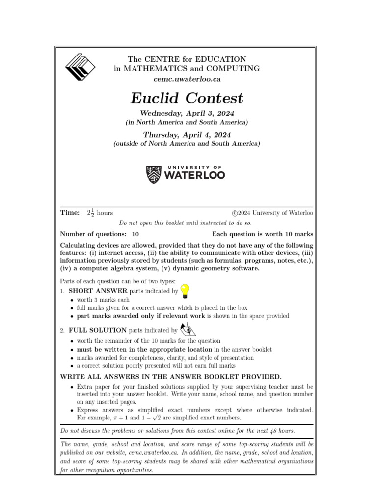 Euclid Combined Contest | PDF | Mathematics | Triangle