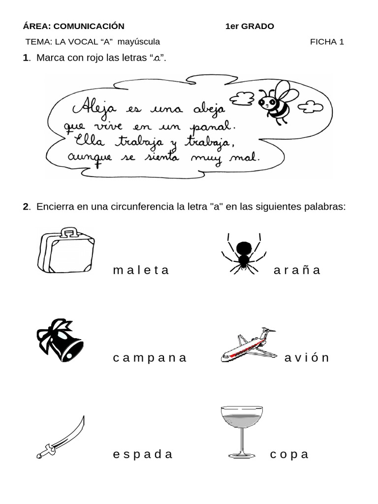 Actividades de la Vocal "A" para 1er Grado | PDF