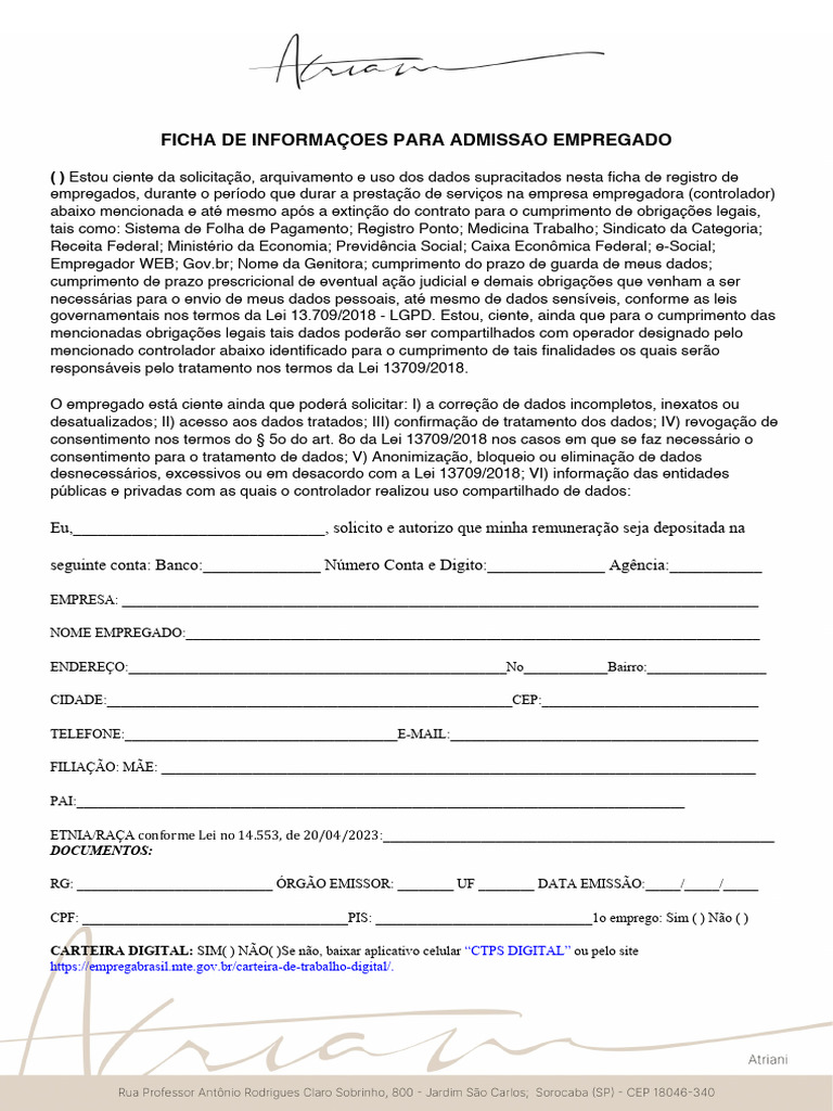 Ficha de Contratacao - Atriani | PDF