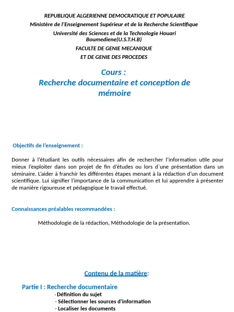 Cours Recherche Documentaire Et Conception de Memoire | PDF | Recherche d'information | Expérience