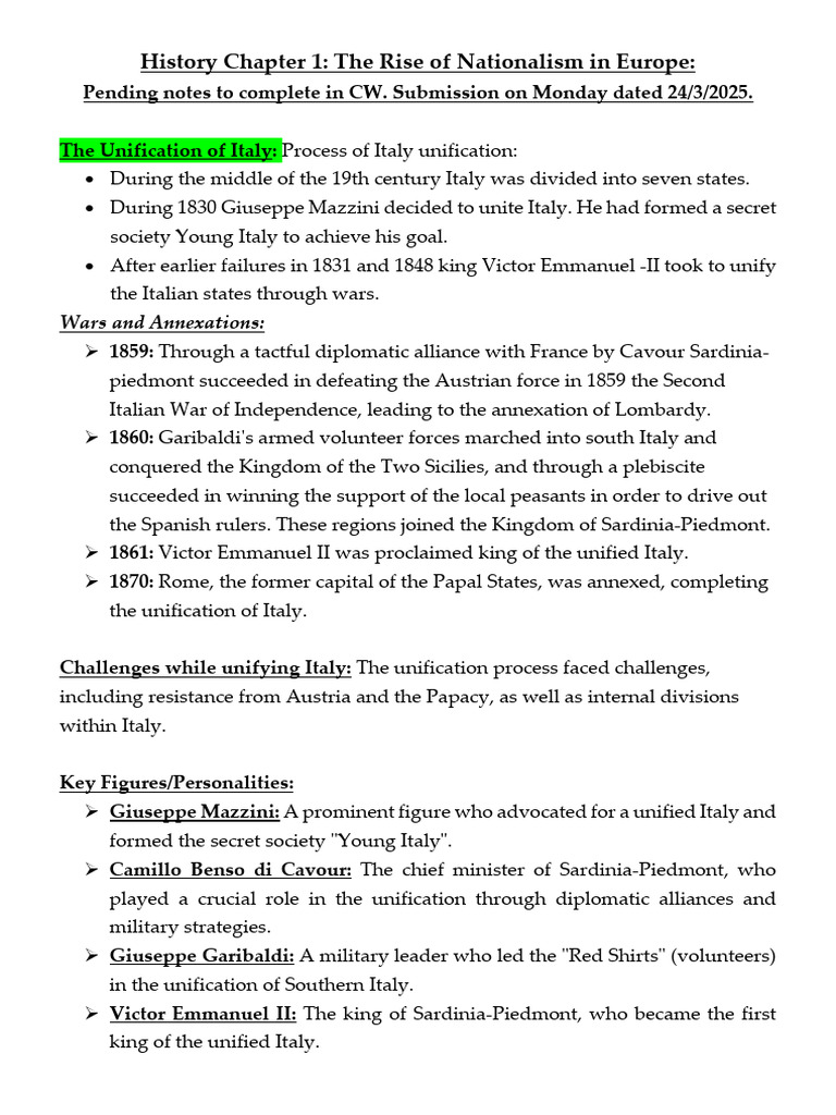 History Chapter 1 - The Rise of Nationalism Im Europe - Pending Notes ...