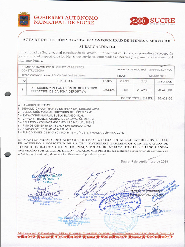 Acta Refaccion Cancha Lomas de Aranjuez | PDF