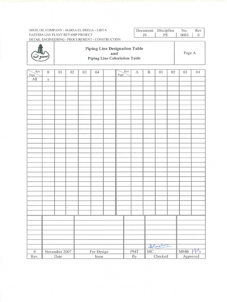 PE-0003 Piping Line Designation Table and Piping Line Calculation Table ...