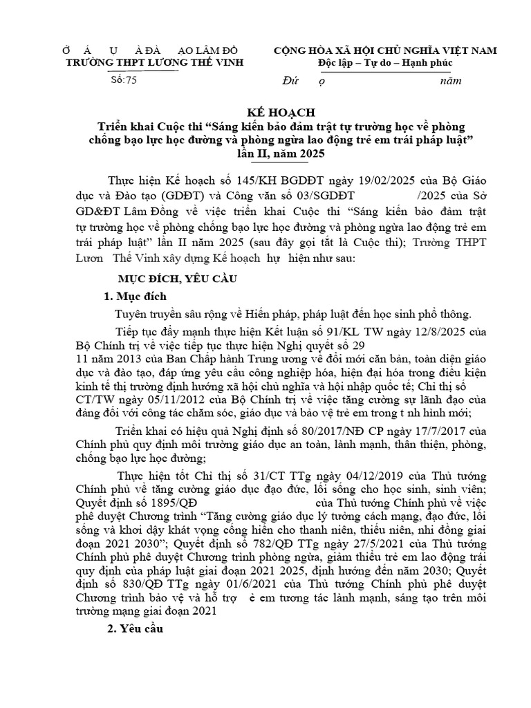 KH Sang Kien Bao Đam ATTH, Phong Ngua BLHĐ, LĐTE - 2025.. | PDF