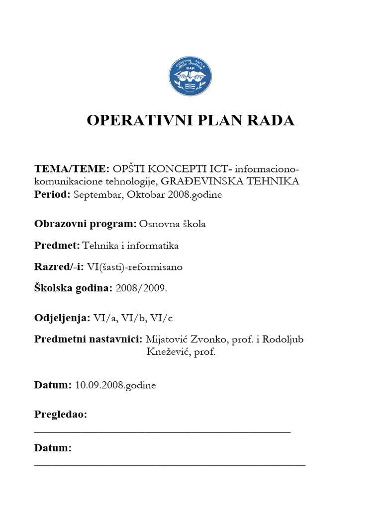 Operativni Plan Sept_Okt_INFORM_VI_08_09 | PDF