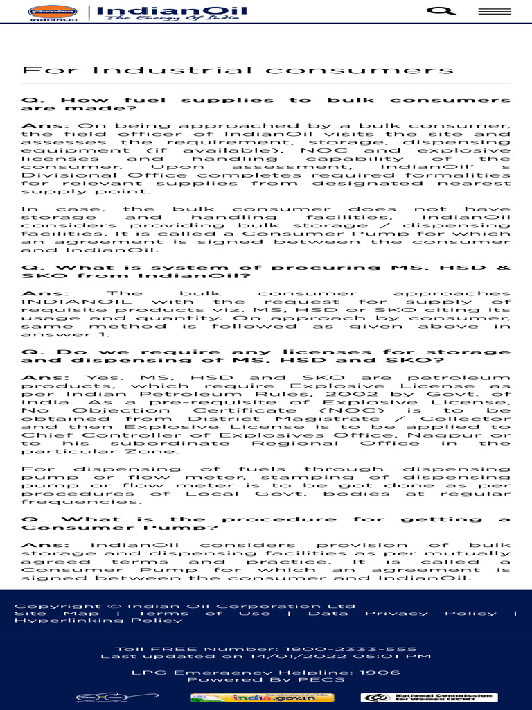 FAQ Industrial Consumers IndianOil | PDF