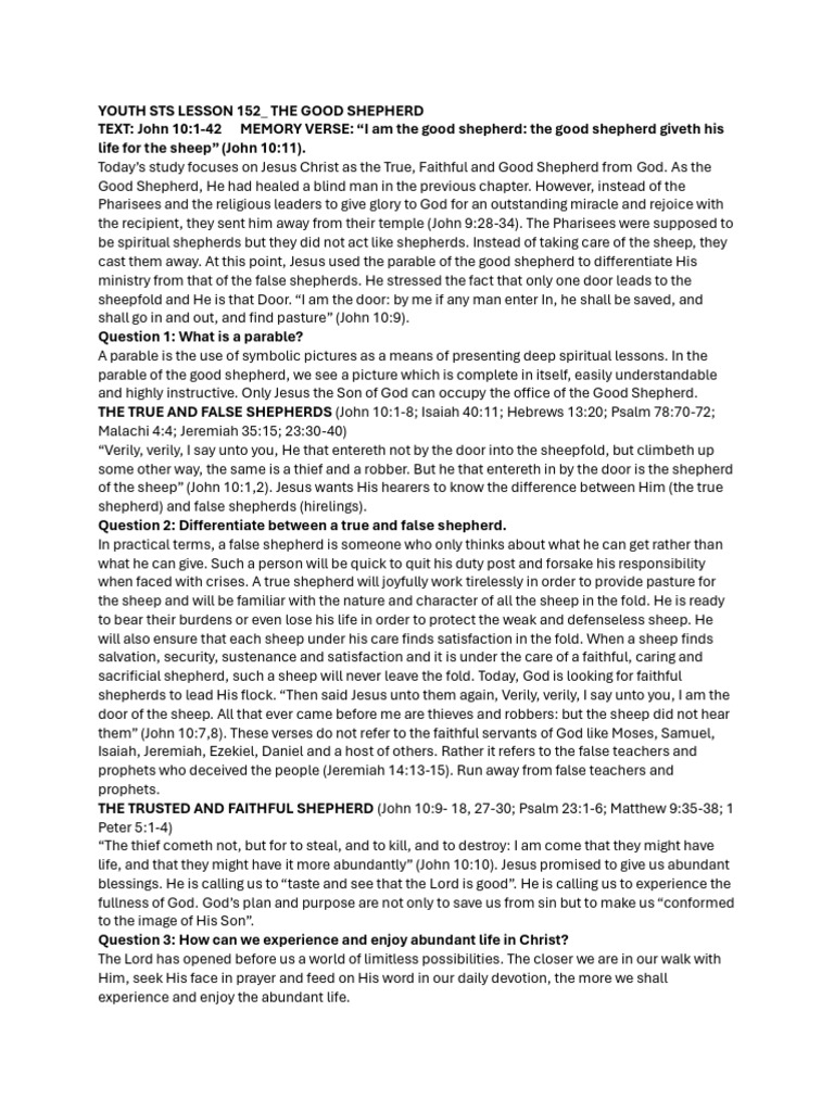 Youth STS Lesson 152 - The Good Shepherd | PDF | Jesus | Gospel Of John