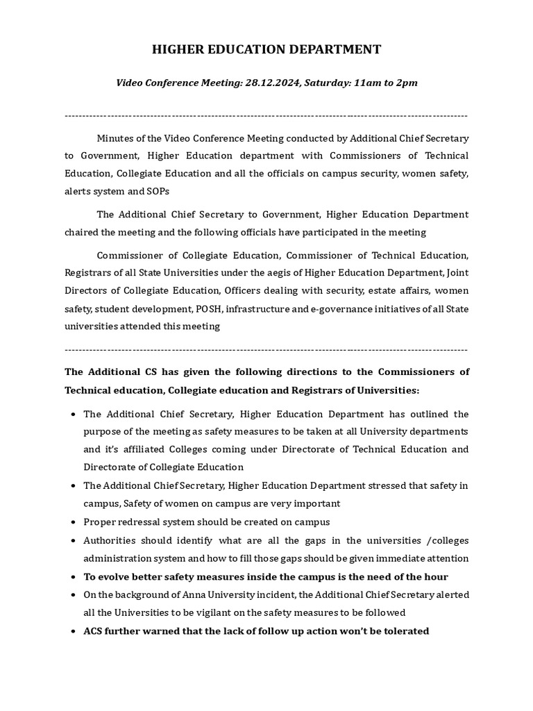 HIGHER EDUCATION DEPARTMENT - Minutes of Meeting | PDF