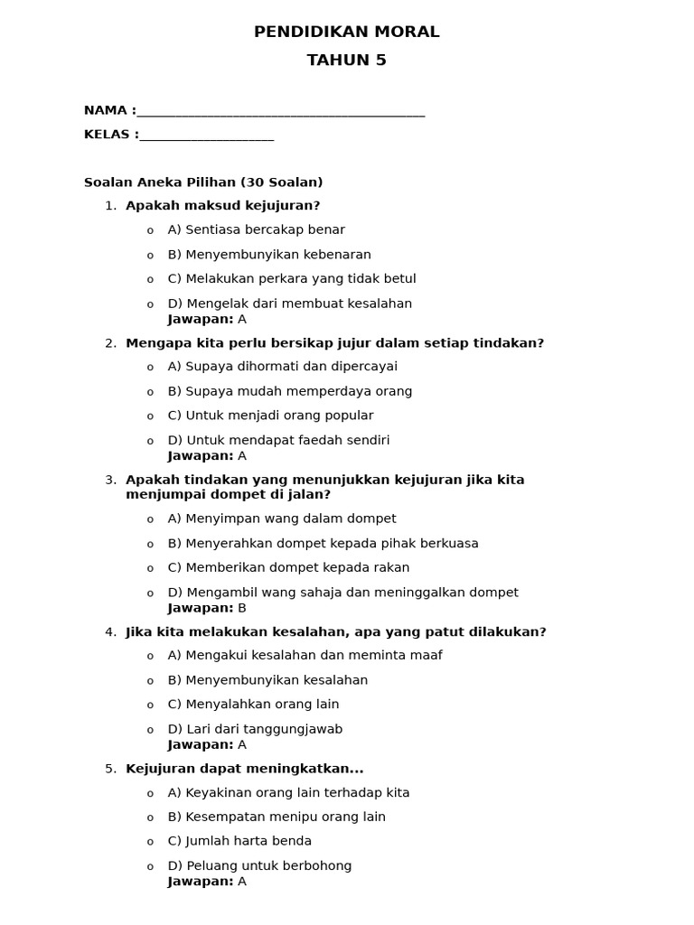 Soalan Moral Tahun 5 Unit 10 Kejujuran | PDF