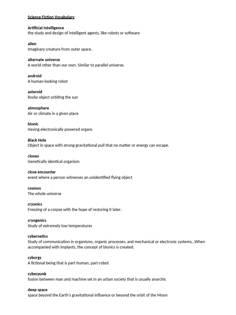 Science Fiction Vocabulary Guide | PDF | Stars | Outer Space
