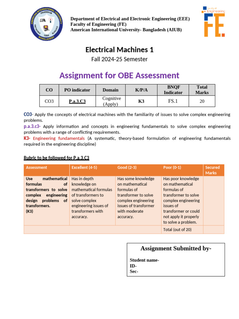 CO3 OBE Assignment EM1 Fall 2024-25 | PDF | Engineering | Transformer