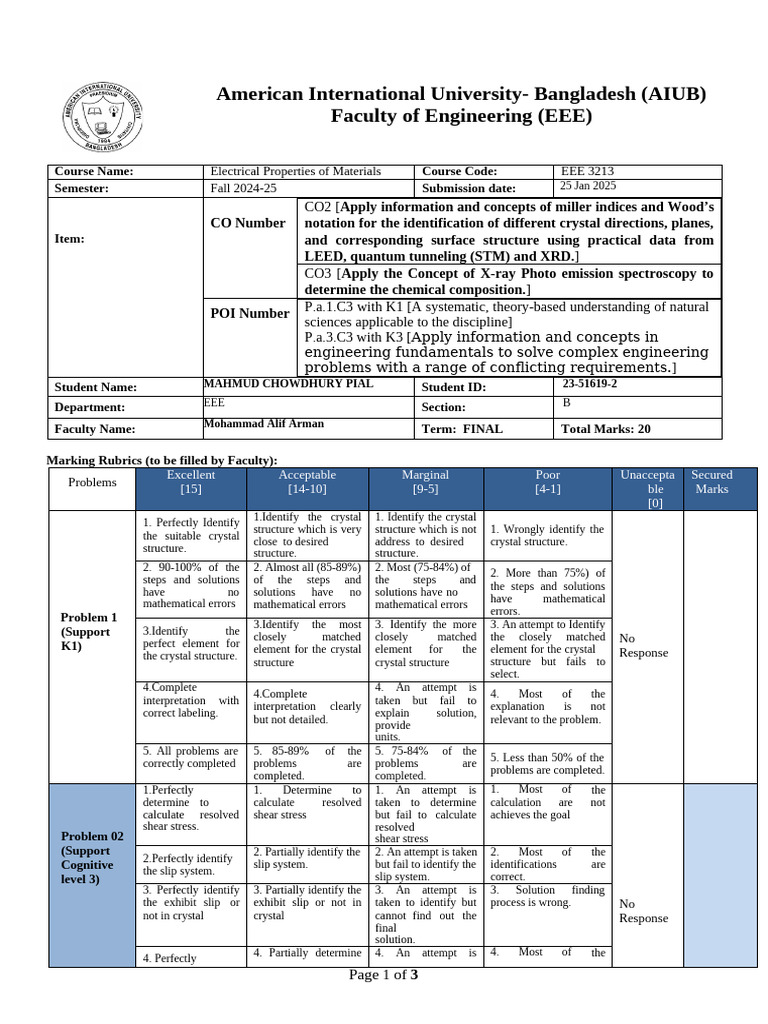 IA OBE Assign EPOM Fall 2024-25 Final Modified PP | PDF | X Ray Photoelectron Spectroscopy ...