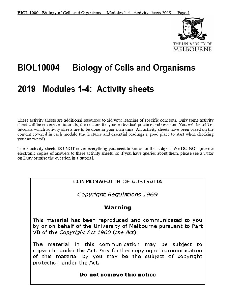BIOL10004 Module1-4 Activity Sheets 2019 | PDF | Cell Membrane | Cellular Respiration