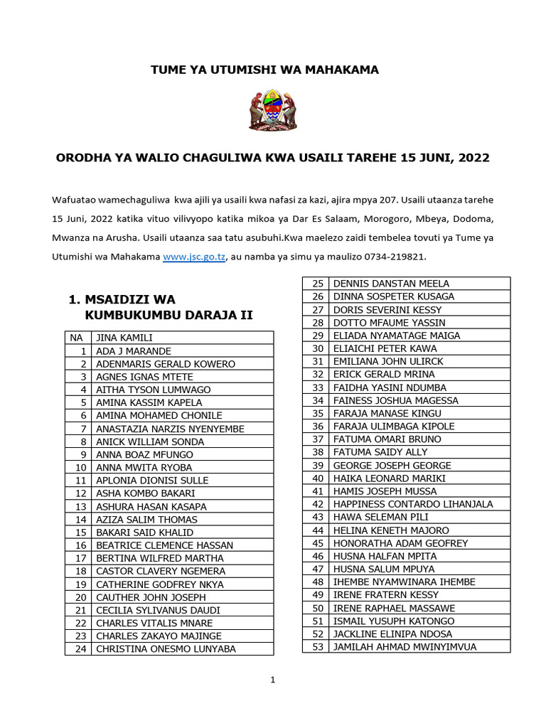 Sw-1655059513-Orodha Ya Majina Ya Walioitwa Kwenye Usaili | PDF