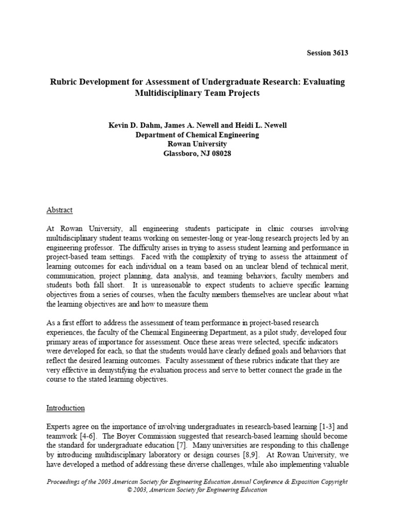 Rubric Development For Assessment of Multidisciplinary Team Projects ...