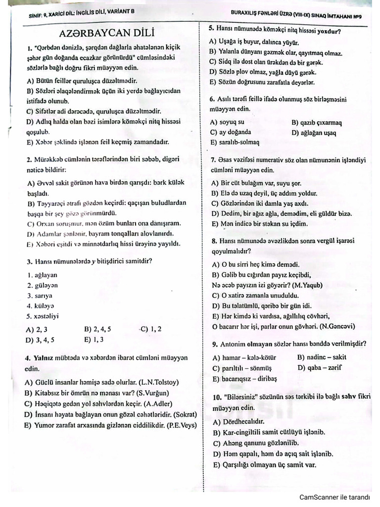 Otk 9 Sinif Sınaq Azerbaycan Dili 06.04.2025samid Dadaşov 0518183355 | PDF