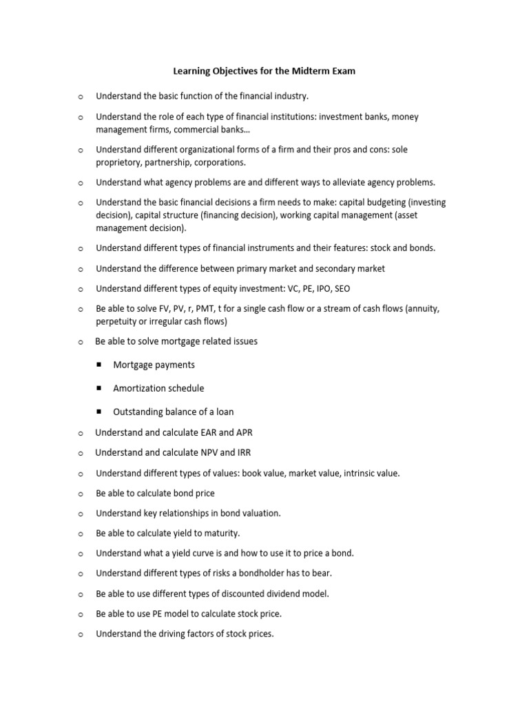 Learning Objectives For The Midterm Exam | PDF