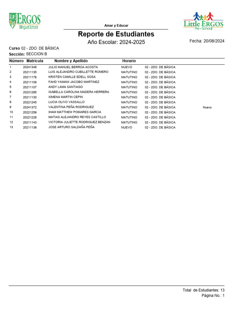 Reporte de Estudiantes: Año Escolar: 2024-2025 | PDF