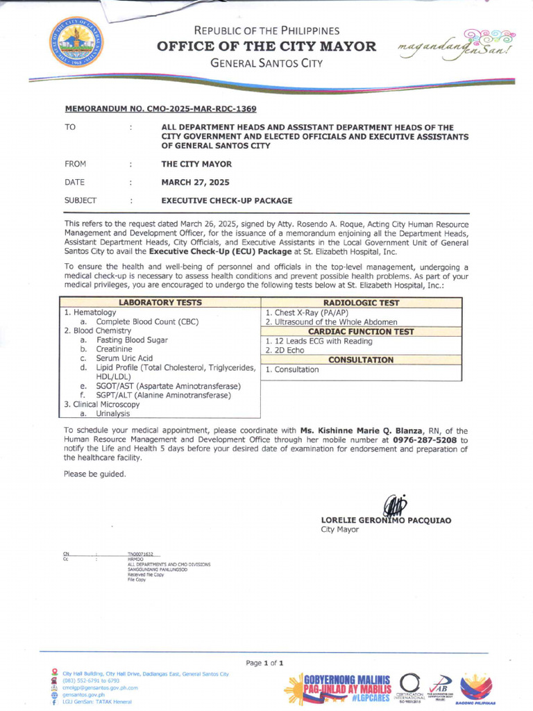 2-2 Memo re Executive Check Up Package | PDF