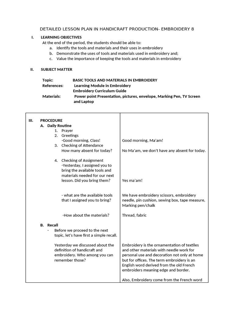 Detailed Lesson Plan in Handicraft Production | PDF | Embroidery | Sewing Needle