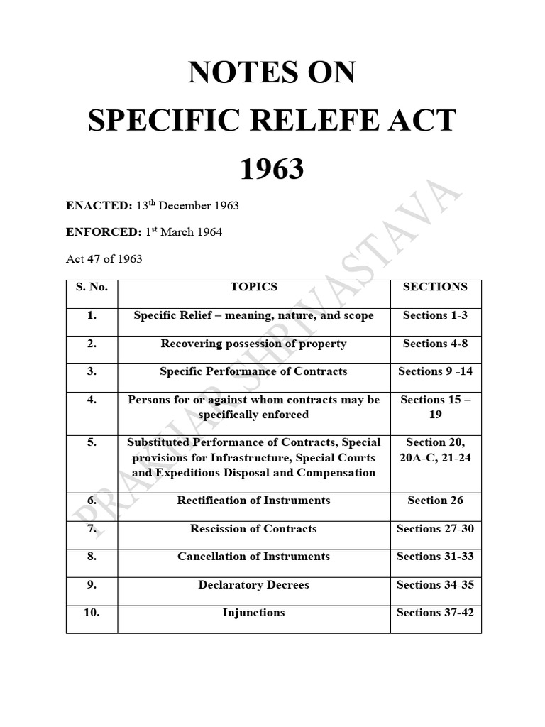 Specific Performance Act Notes | PDF | Legal Remedy | Injunction